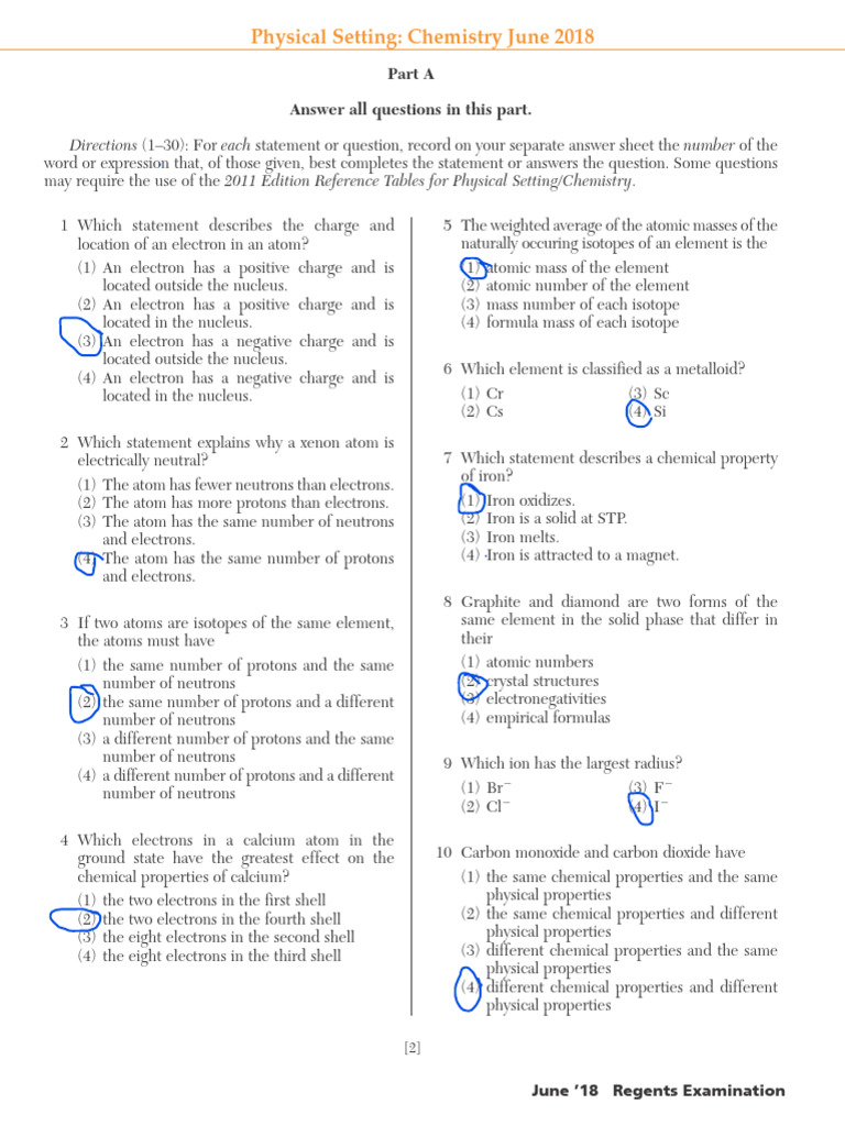 Chemistry Regents Exam June 2018 | PDF | Atoms | Chemical Elements