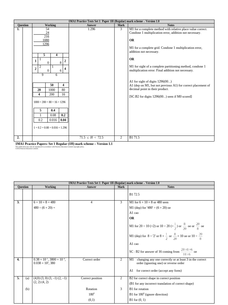 04b Practice Test Set 1 - Paper 1H Mark Scheme | PDF | Circle | Rectangle