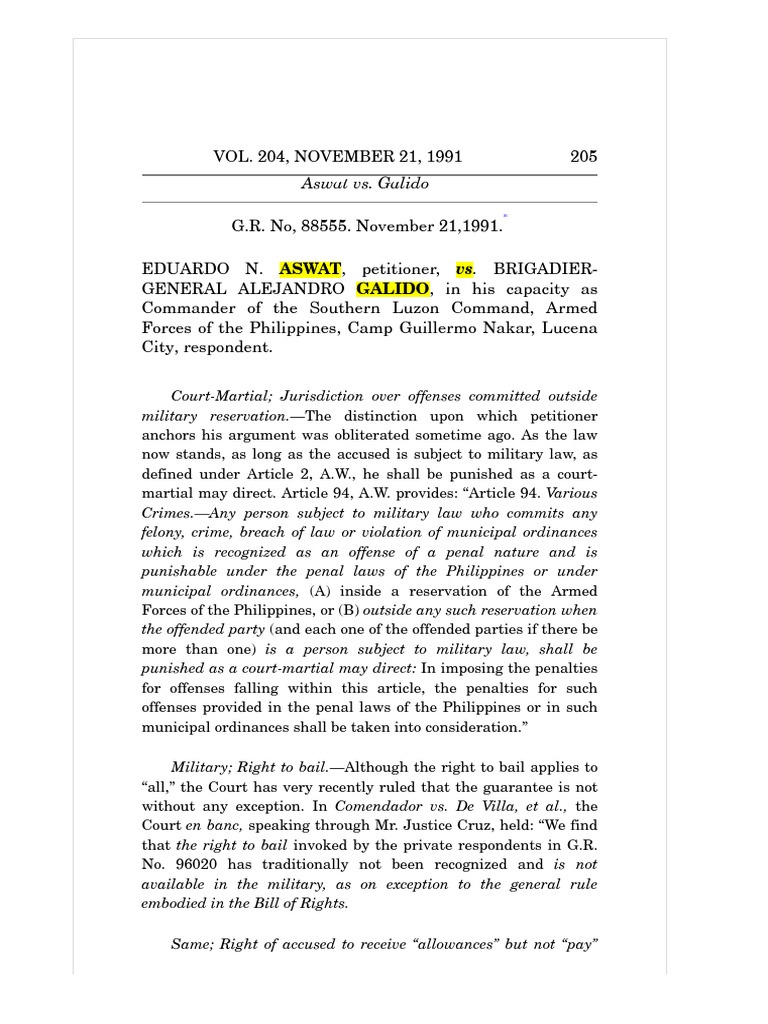 21-Aswat-vs-Galido | PDF | Military Justice | Bail