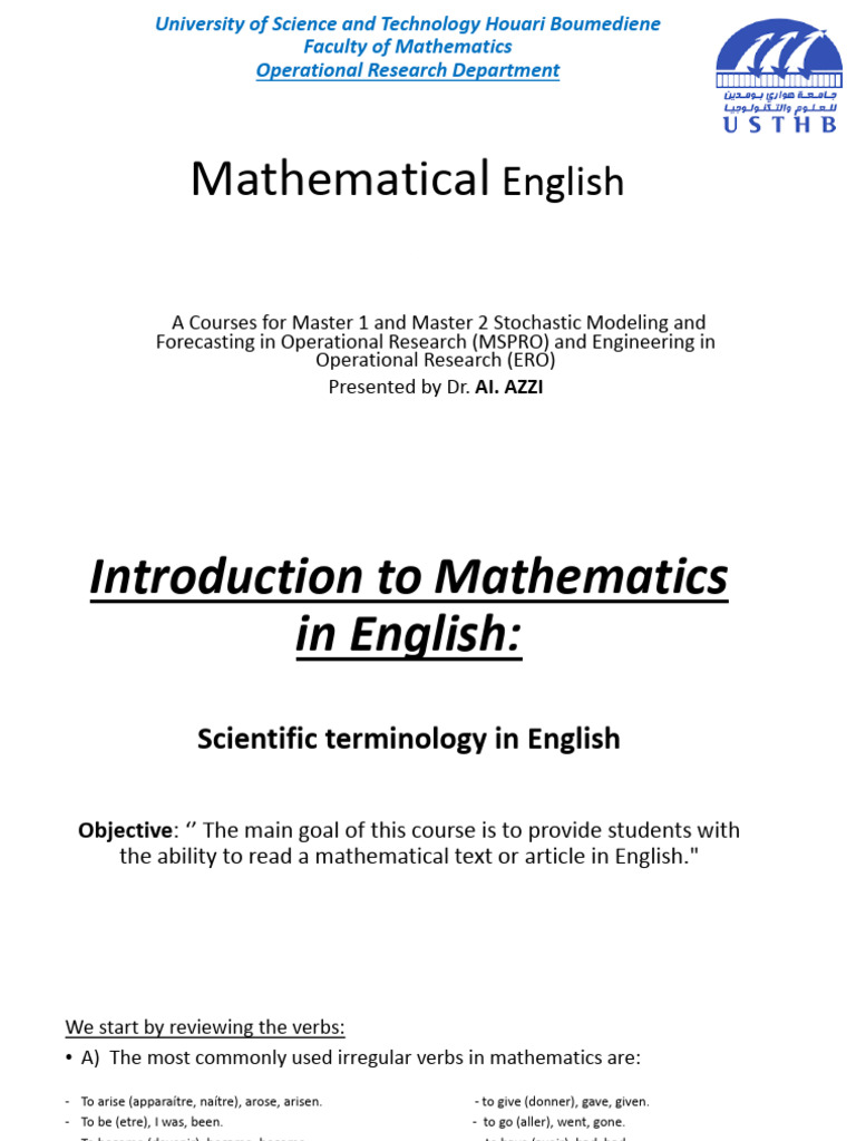 Chapter 0 Mathematical English - M1&M2 | PDF | Adjective | Grammatical ...
