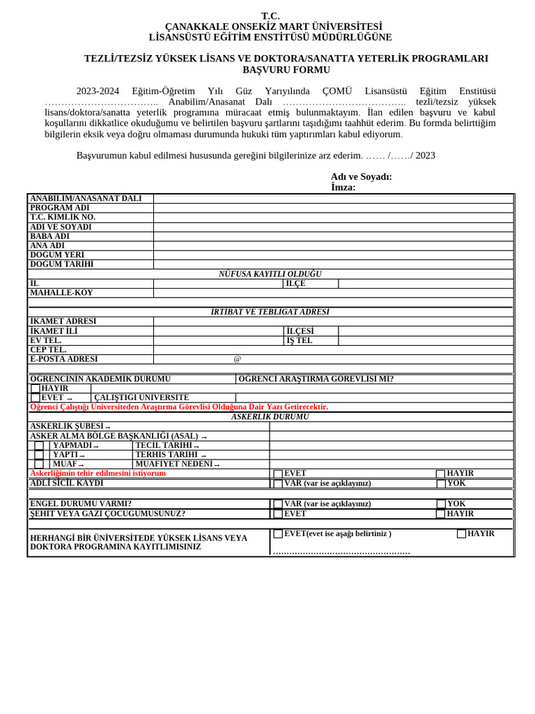 2784 Lisansustu Basvuru Formu | PDF