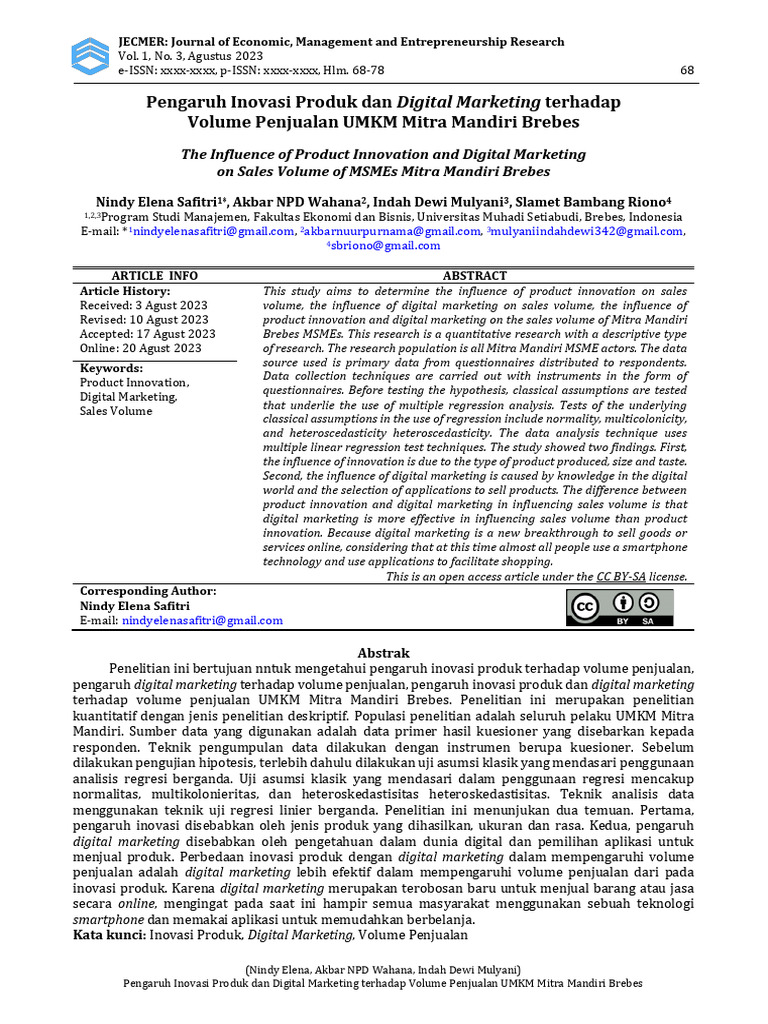 Pengaruh Inovasi Produk Dan Terhadap Volume Penjualan UMKM Mitra Mandiri Brebes | PDF
