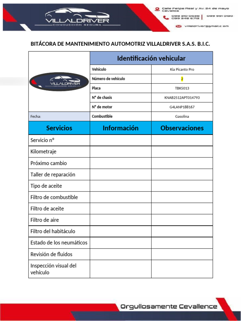 Auto 2 Bitacora de Mantenimiento | PDF