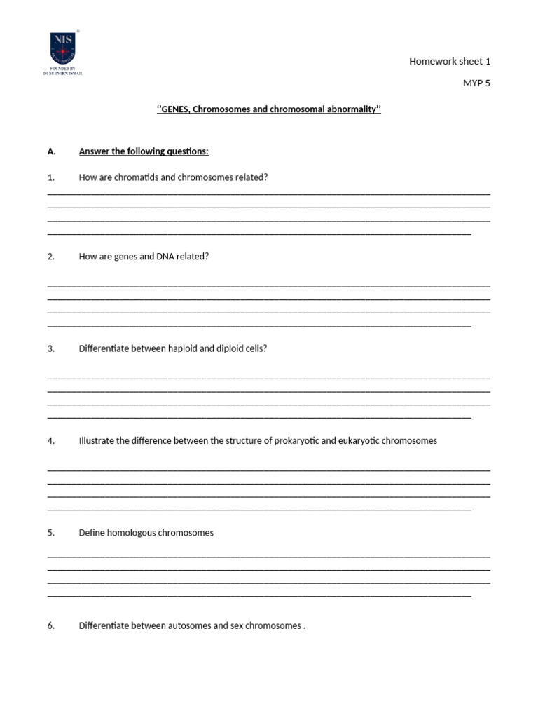 'GENES, Chromosomes and Chromosomal Abnormality'': Homework Sheet 1 Myp ...