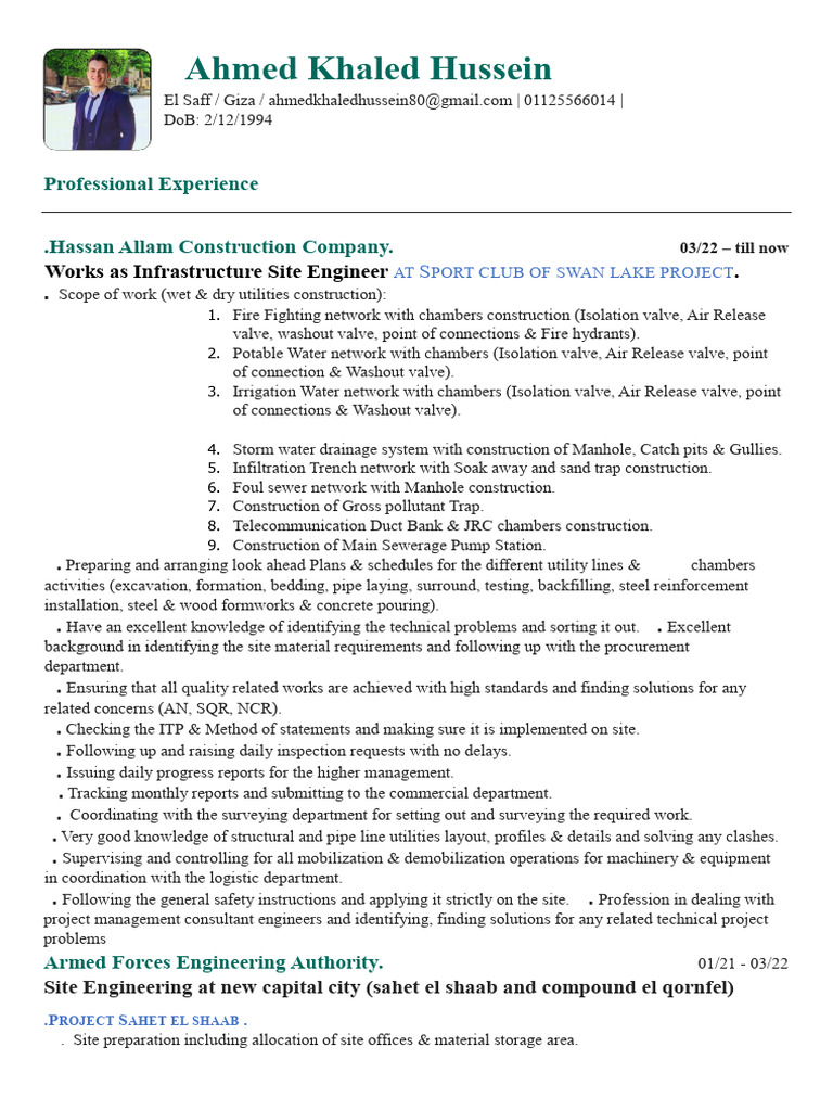 Ahmed Khaled Hussein CV 2024 | PDF | Sanitary Sewer | Storm Drain
