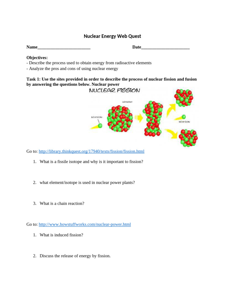 Nuclear Energy Web Quest | PDF | Nuclear Power | Nuclear Fission