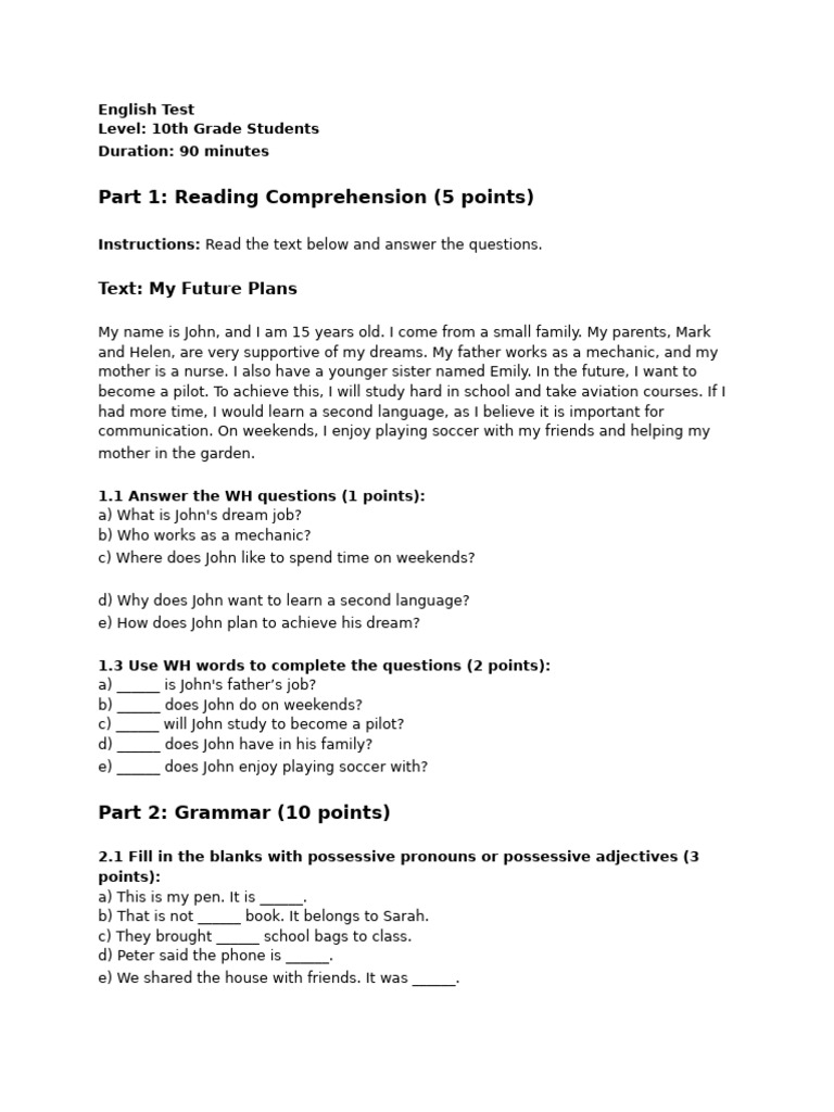 10th Grade English Test: Reading & Grammar | PDF