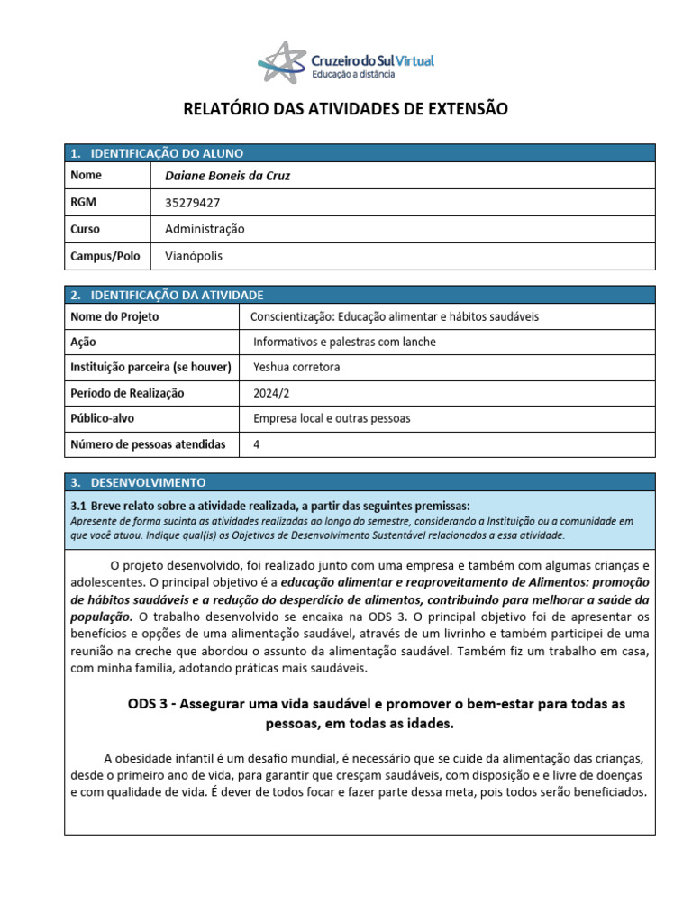 Relatório Atividades Extensionistas | PDF