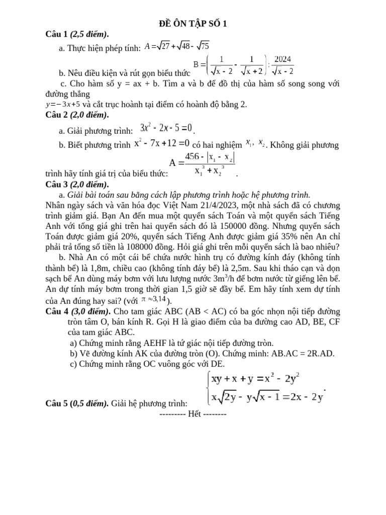 Đề Ôn Tập Số 1,2 | PDF