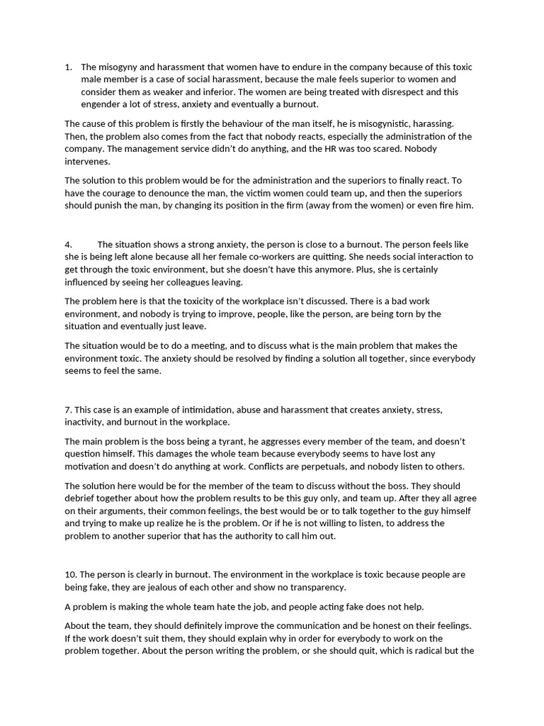 Class 4 - The Toxic Workplace - Case Study | PDF | Misogyny ...