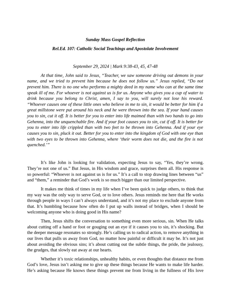 Gospel Reflection: Mark 9:38-48 | PDF | Jesus | Sin