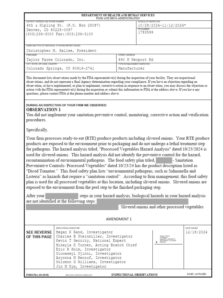 FDA Inspection Report for Taylor Farms | PDF