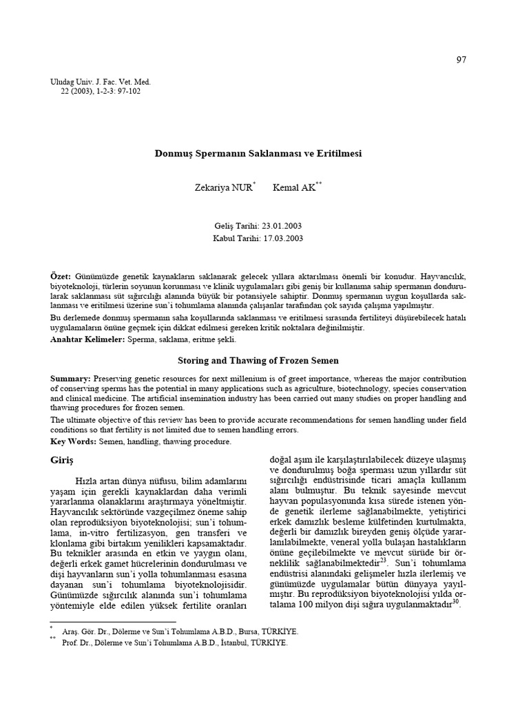 Donmu Spermann Saklanmasve Eritilmesi (Storing and Thawing of Frozen ...