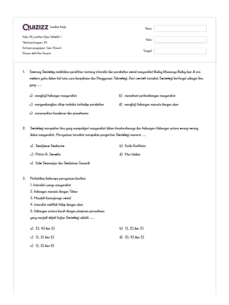 Kelas XII - Latihan Ujian Sekolah 1 - Quizizz | PDF