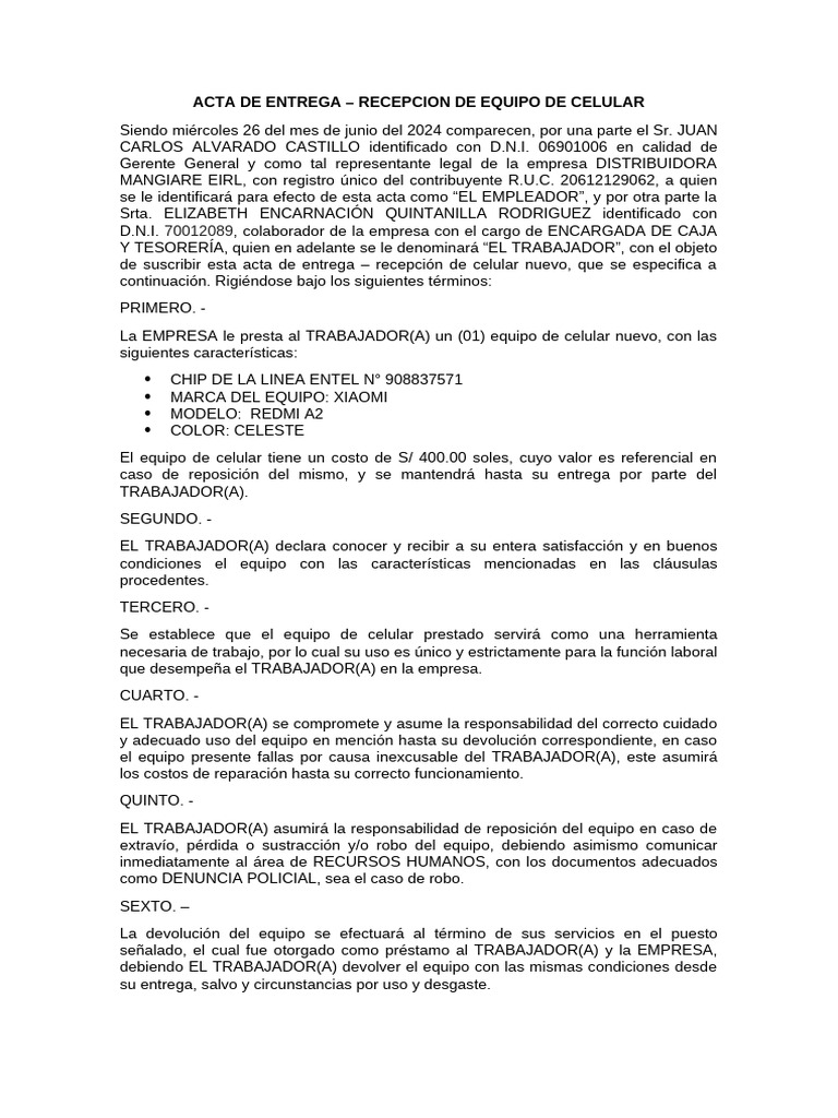 ACTA DE ENTREGA CELULAR | PDF