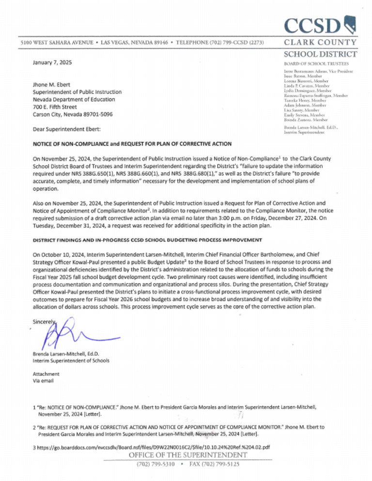 CCSD Interim Superintendent Brenda Larsen-Mitchell Letter | PDF