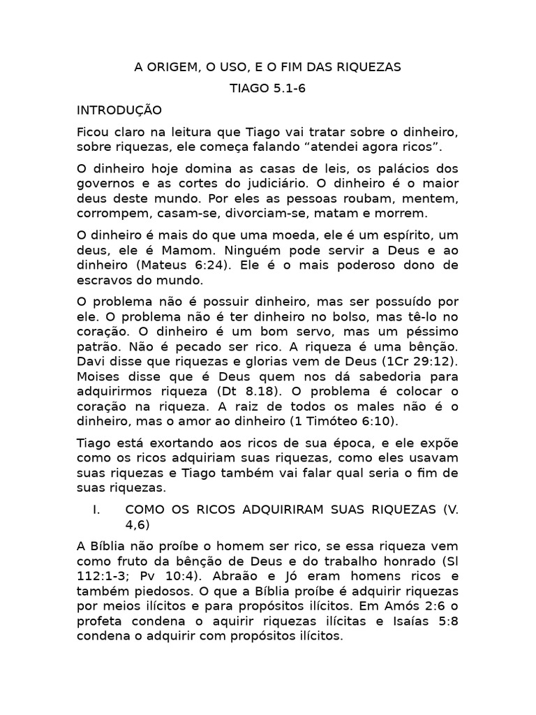 Tiago 5:1-6 e o Julgamento das Riquezas | PDF | Dinheiro | Pecado