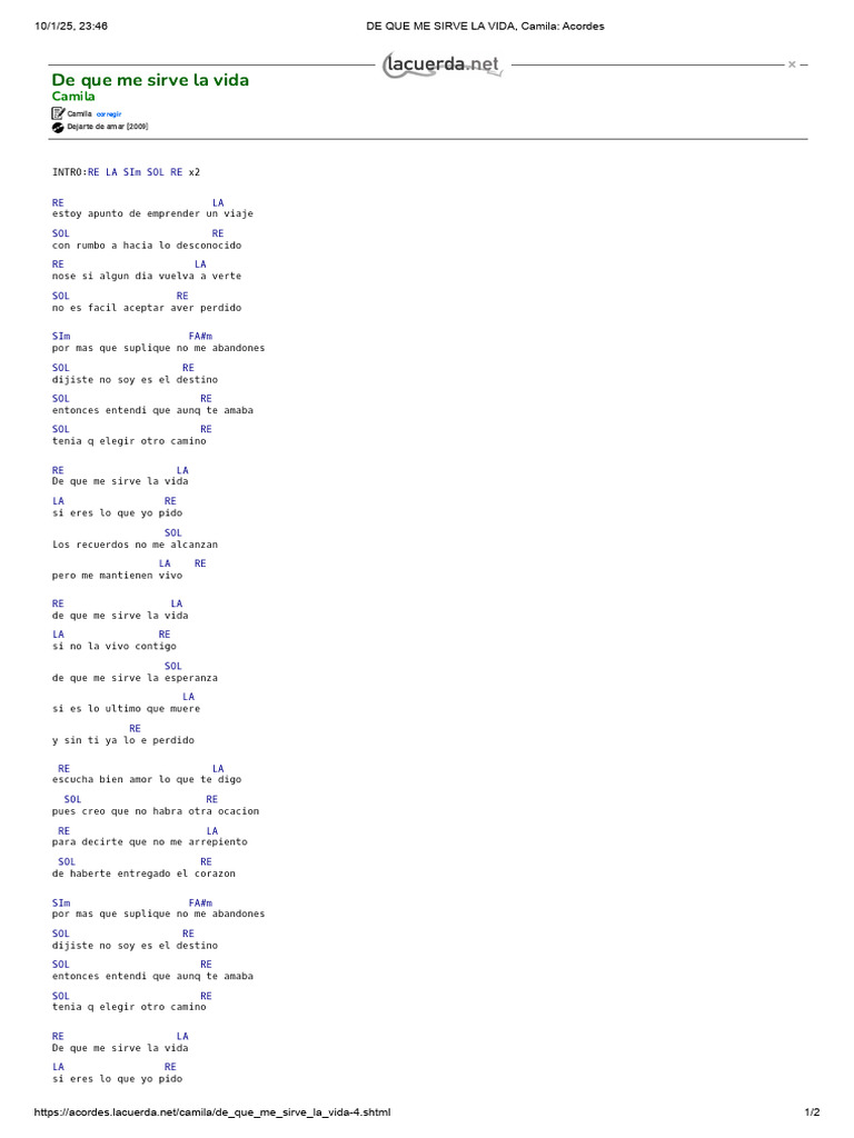 DE QUE ME SIRVE LA VIDA, Camila - Acordes | PDF | Música grabada ...