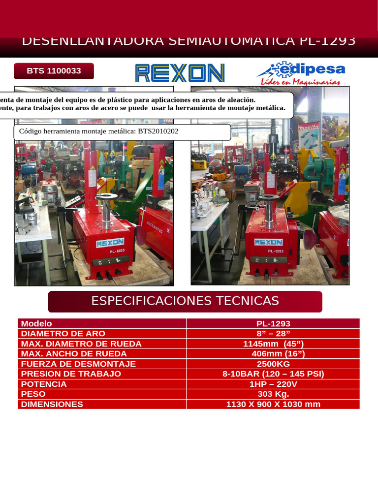 Desenllantadora REXON PL-1293 Especificaciones | PDF