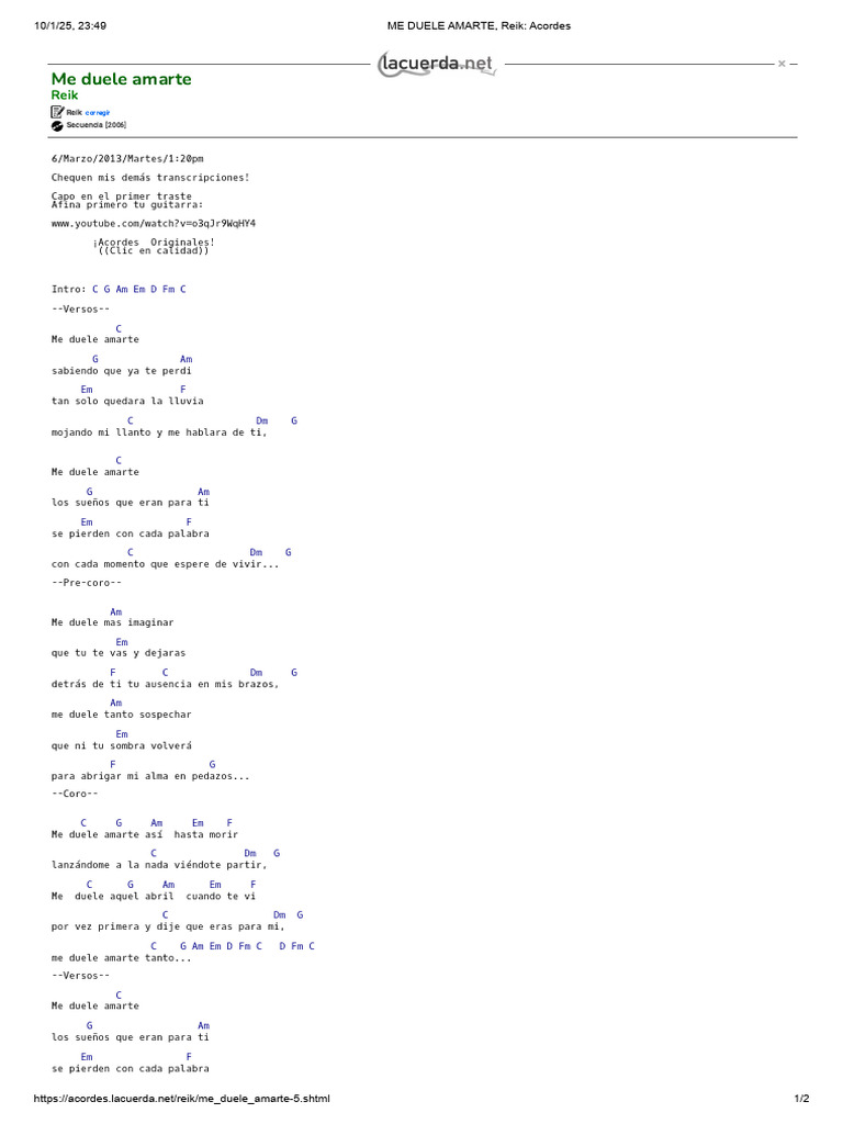 Acordes de "Me Duele Amarte" - Reik | PDF | Grabación de sonido ...