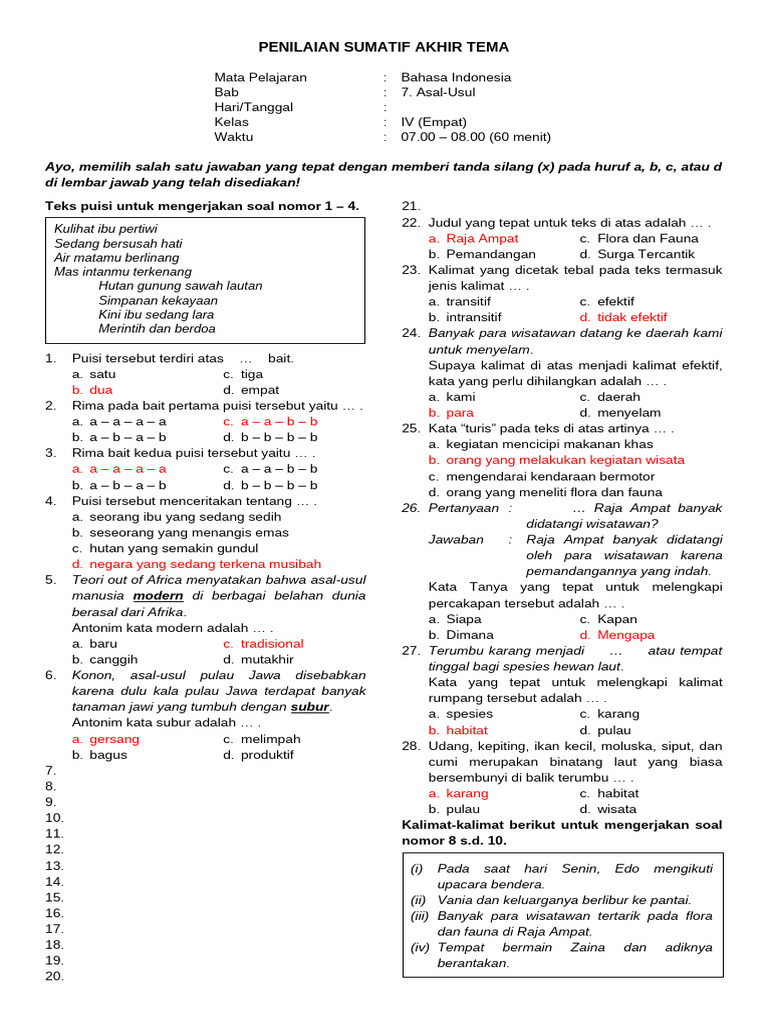 Soal Ulangan Harian Bahasa Indonesia Kelas 4 - Bab 7 | PDF