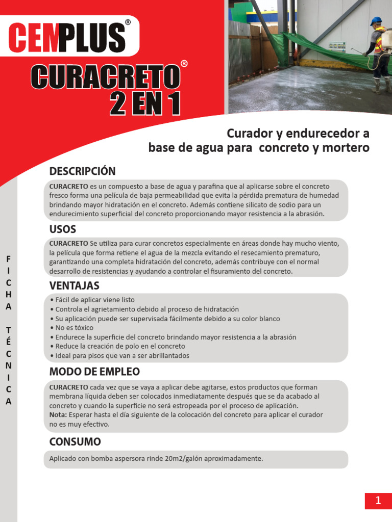 Hoja Técnica Curacreto 2 en 1 | PDF | Hormigón | Agua