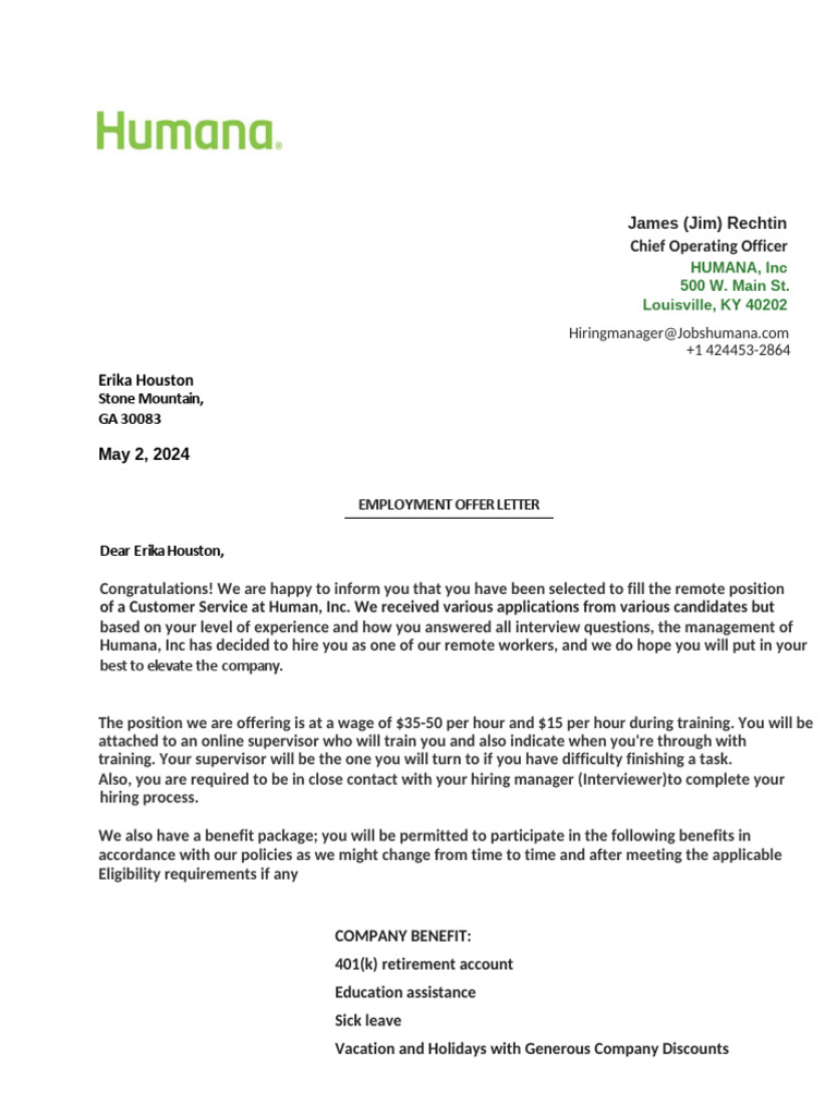 Humana Employment Offer Letter | PDF | Employment | Labor