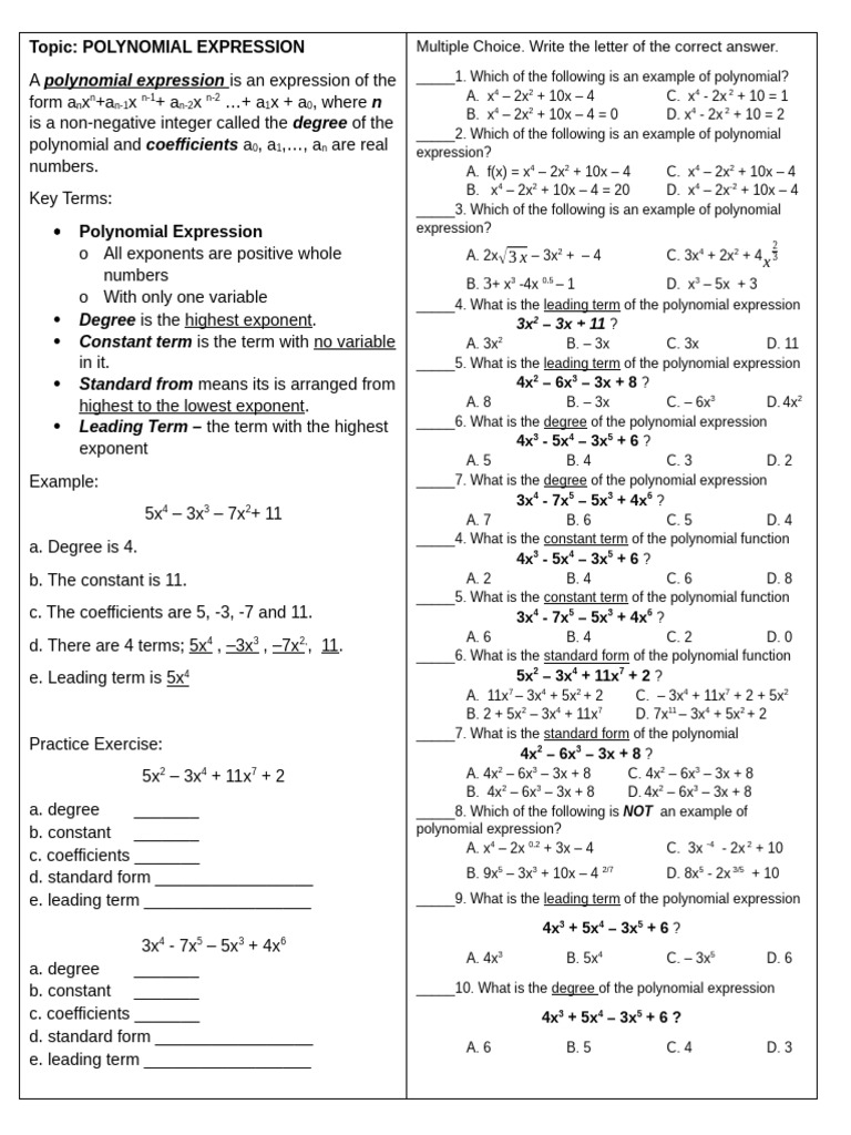 Day 1 Polynomial Expression Handouts ST | PDF | Polynomial ...