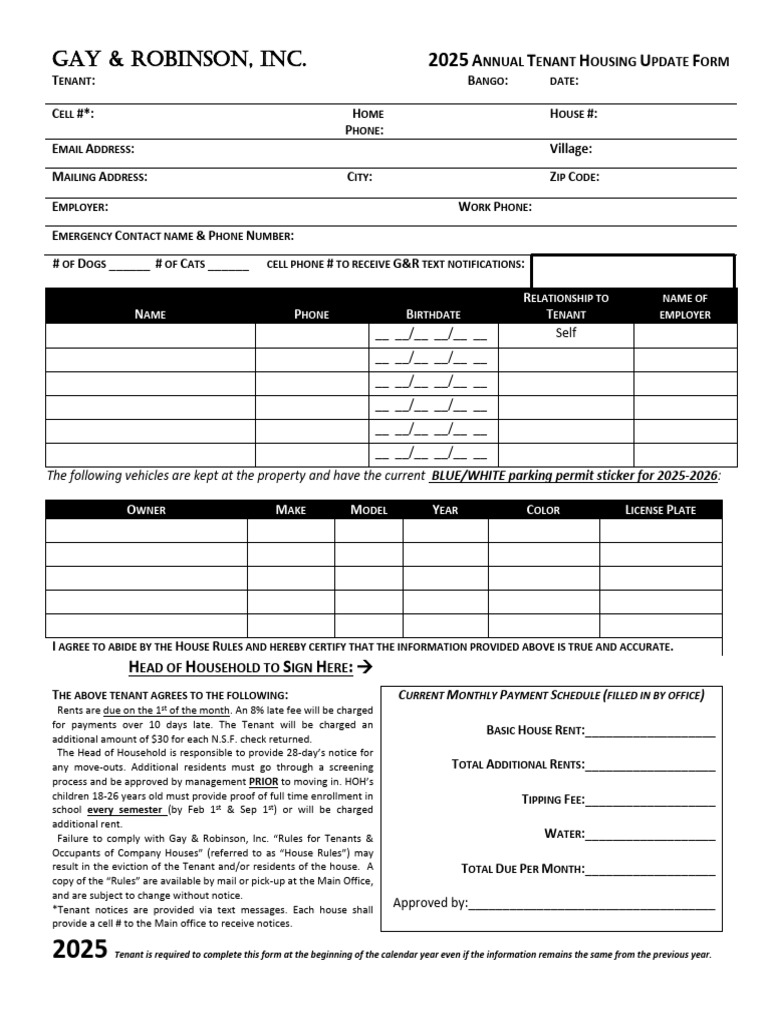 Annual Tenant Housing Update Form 2025 Fillable | PDF