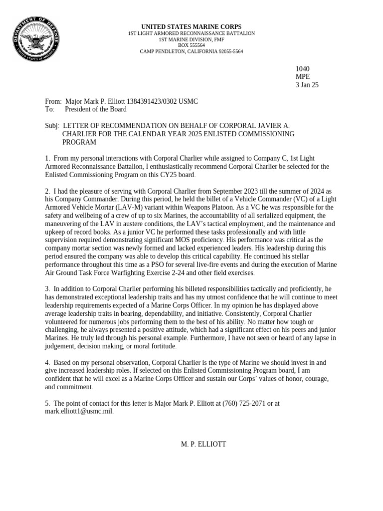 CPL Charlier LOR For ECP (Working) | PDF | United States Marine Corps ...