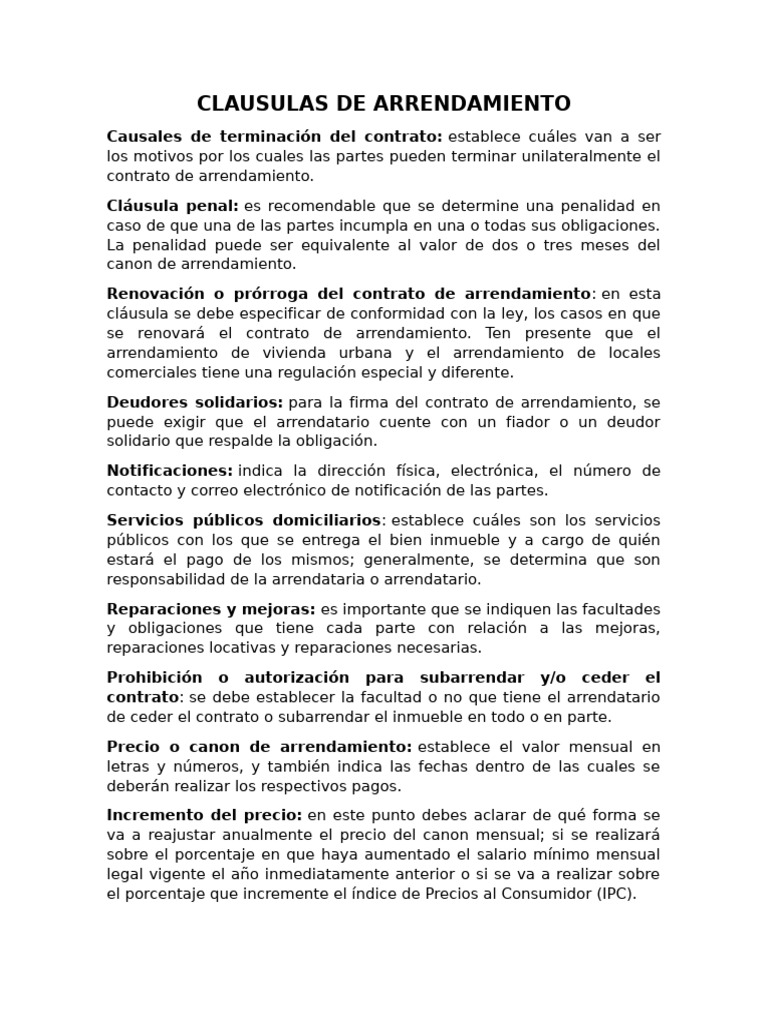 Cláusulas Esenciales de Arrendamiento | PDF