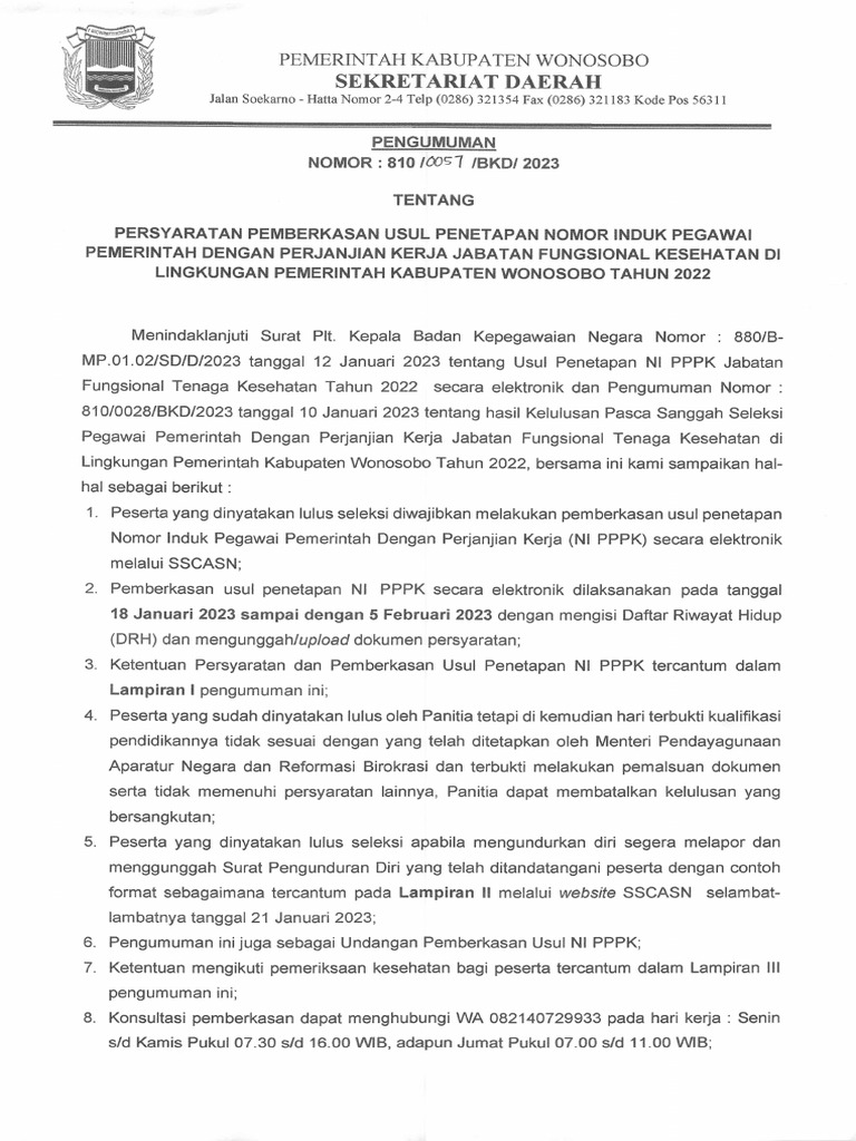 Pengumuman Persyaratan Pemberkasan Usul Penetapan NI PPPK Tenaga Kesehatan Pemkab. Wonosobo Th ...