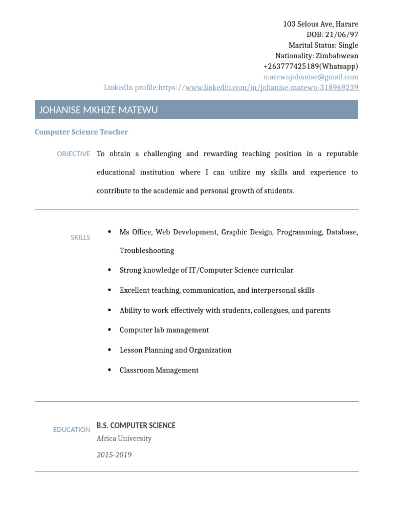 Johanise Matewu Computer Science Teacher CV | PDF | Teachers | Educational Technology