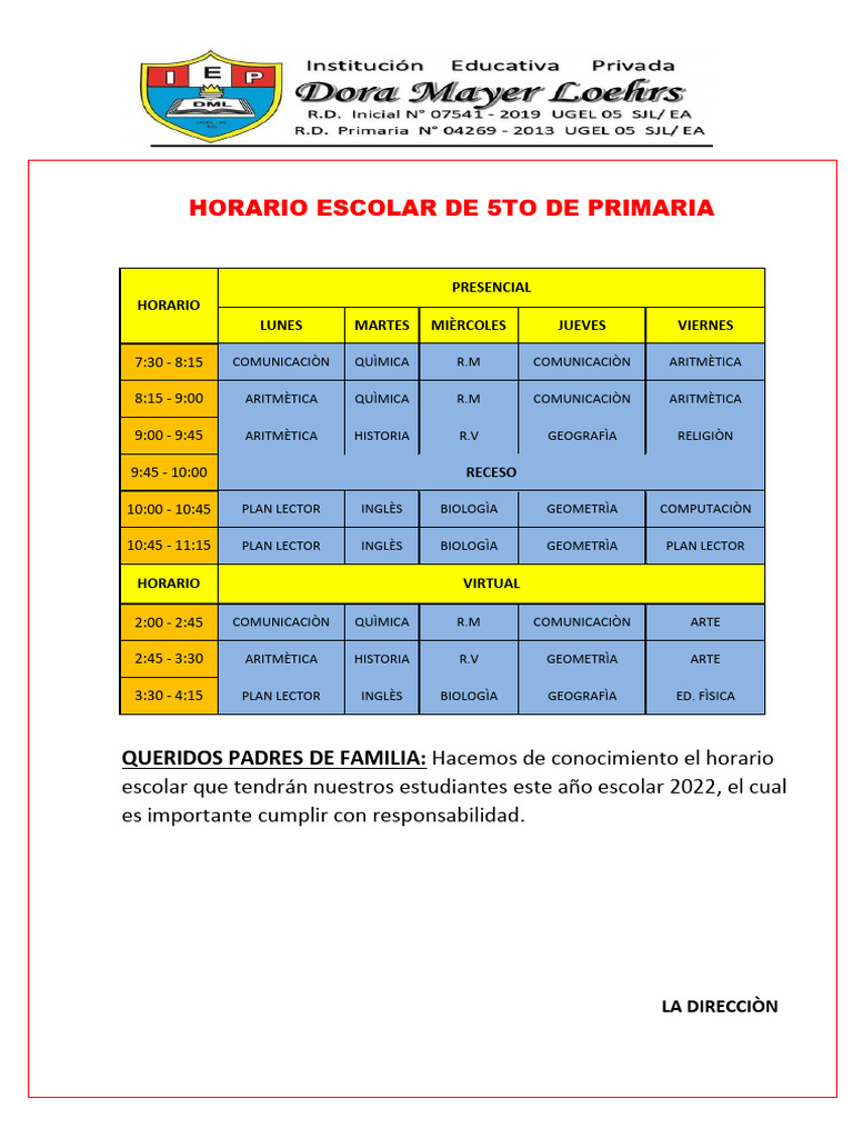 Horario 5to 2022 Rectificado | PDF