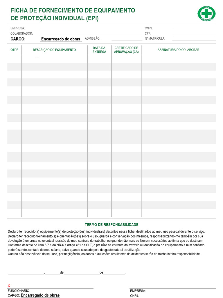 Modelo de Ficha de EPI Encarregado | PDF