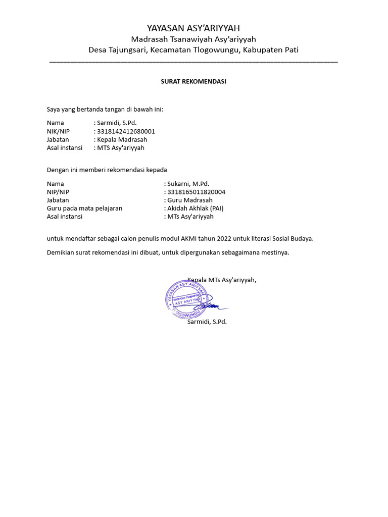 Surat Rekomendasi KAMAD | PDF