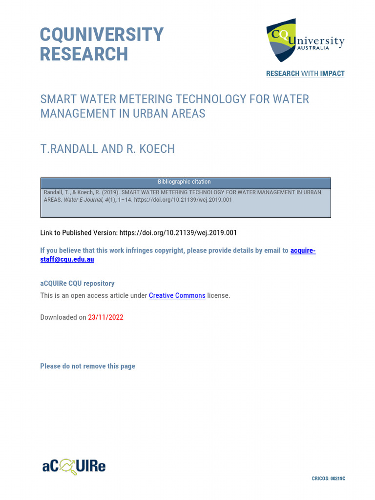 Smart Water Metering Technology For Water Management in Urban Areas CQU ...