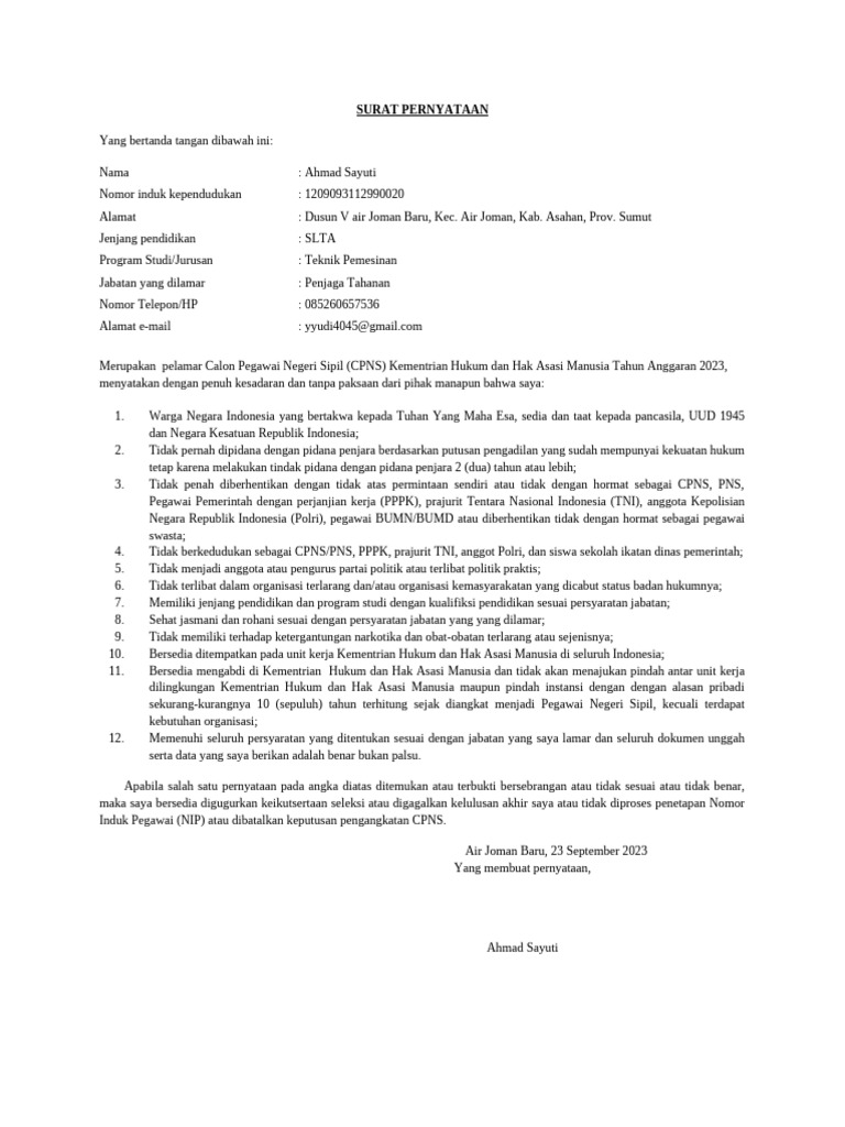 Surat Pernyataan-Ahmad Sayuti | PDF