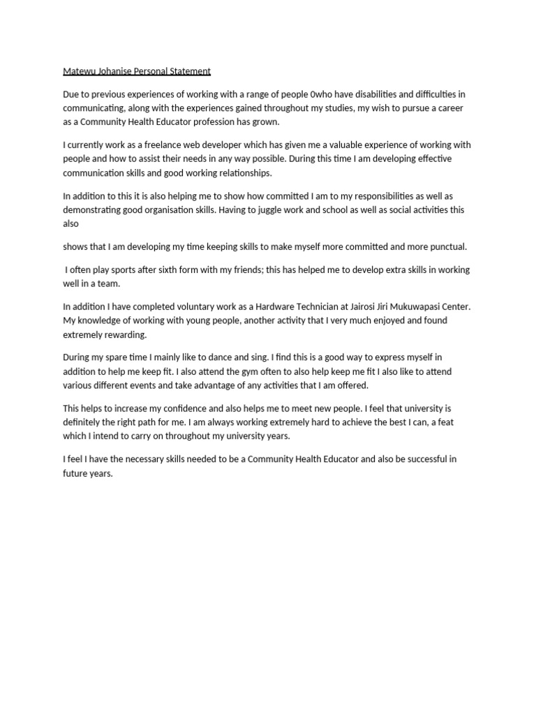 Community Health Educator Personal Statement | PDF