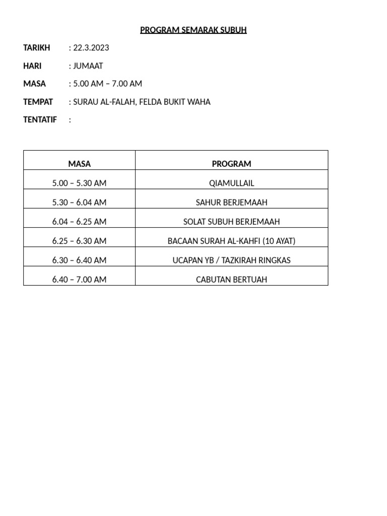 Program Semarak Subuh | PDF