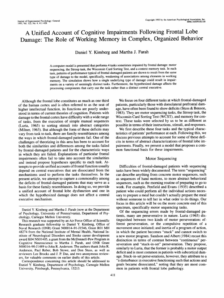 frontal lobe damage and working memory complex behavior WCST Stroop | PDF