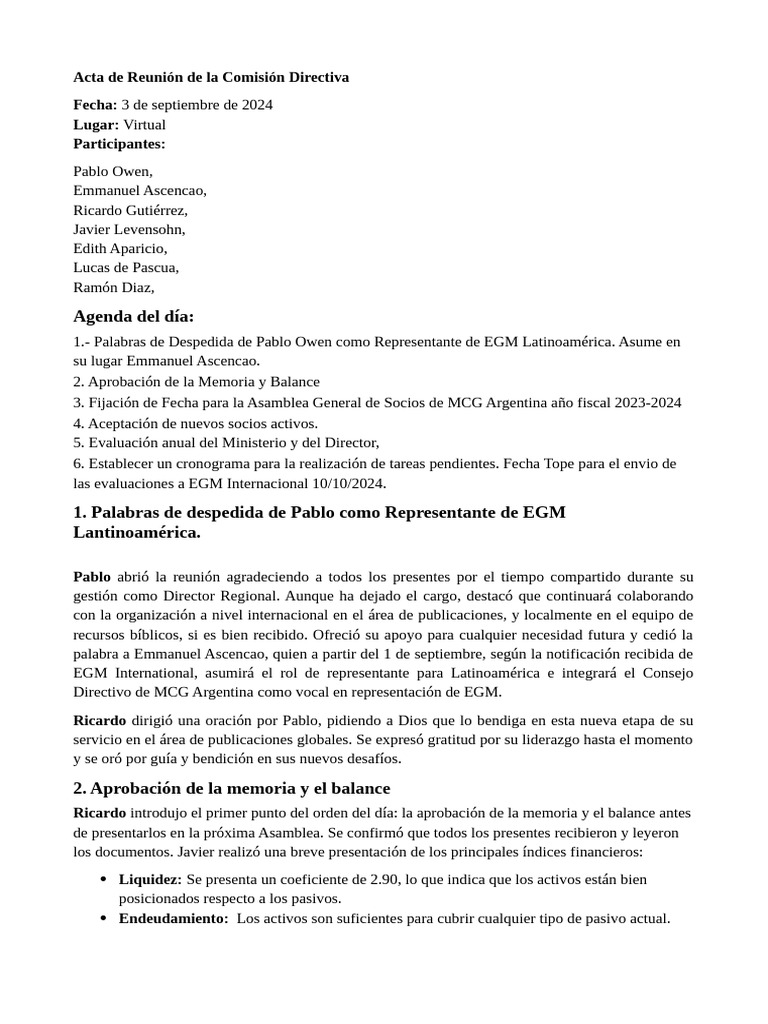 Borrador Acta Comisión Directiva | PDF