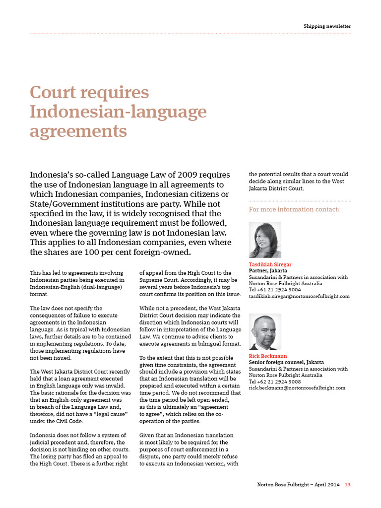 Law - INdo - Court-Requires-Indonesian-Language-Agreements | PDF ...