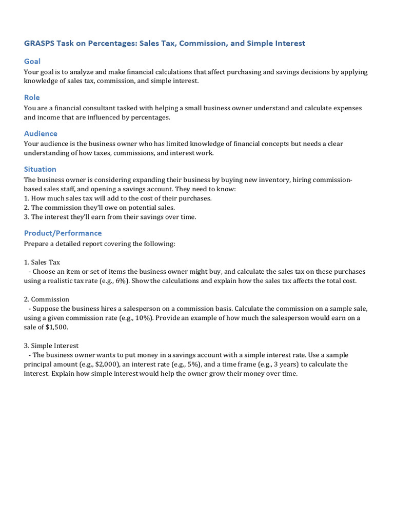 GRASPS Task Sales Tax Commission Simple Interest Corrected | PDF ...