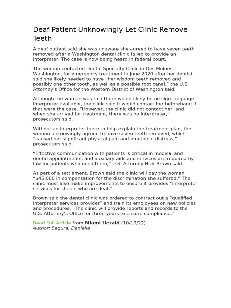 Deaf Patient Unknowingly Let Clinic Remove Teeth | PDF