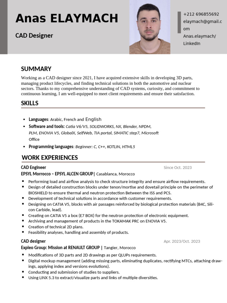 resume ANAS ELAYMACH CA | PDF | Computer Aided Design | Engineering resume ANAS ELAYMACH CA | PDF | Computer Aided Design | Engineering