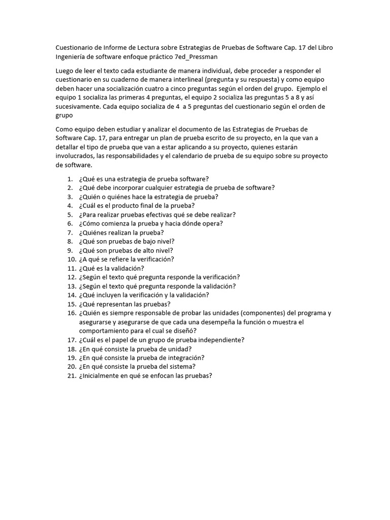 Cuestionario Sobre Informe de Lectura Sobre Estrategias de Pruebas de Software Cap17 | PDF ...