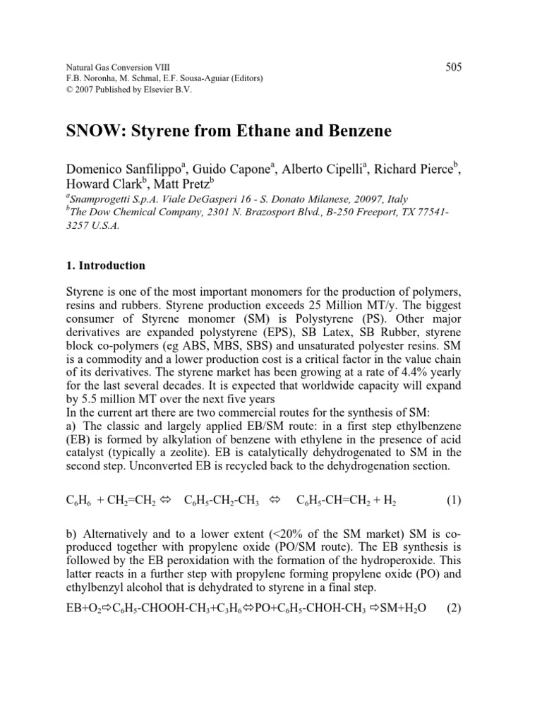 Styrene From Ethane and Benzene | PDF | Catalysis | Chemical Reactor