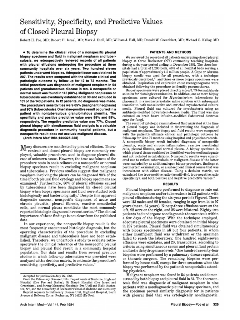 Biopsia Pleural Cerrada. Sensibilidad y Especificidad. | PDF | Biopsy ...