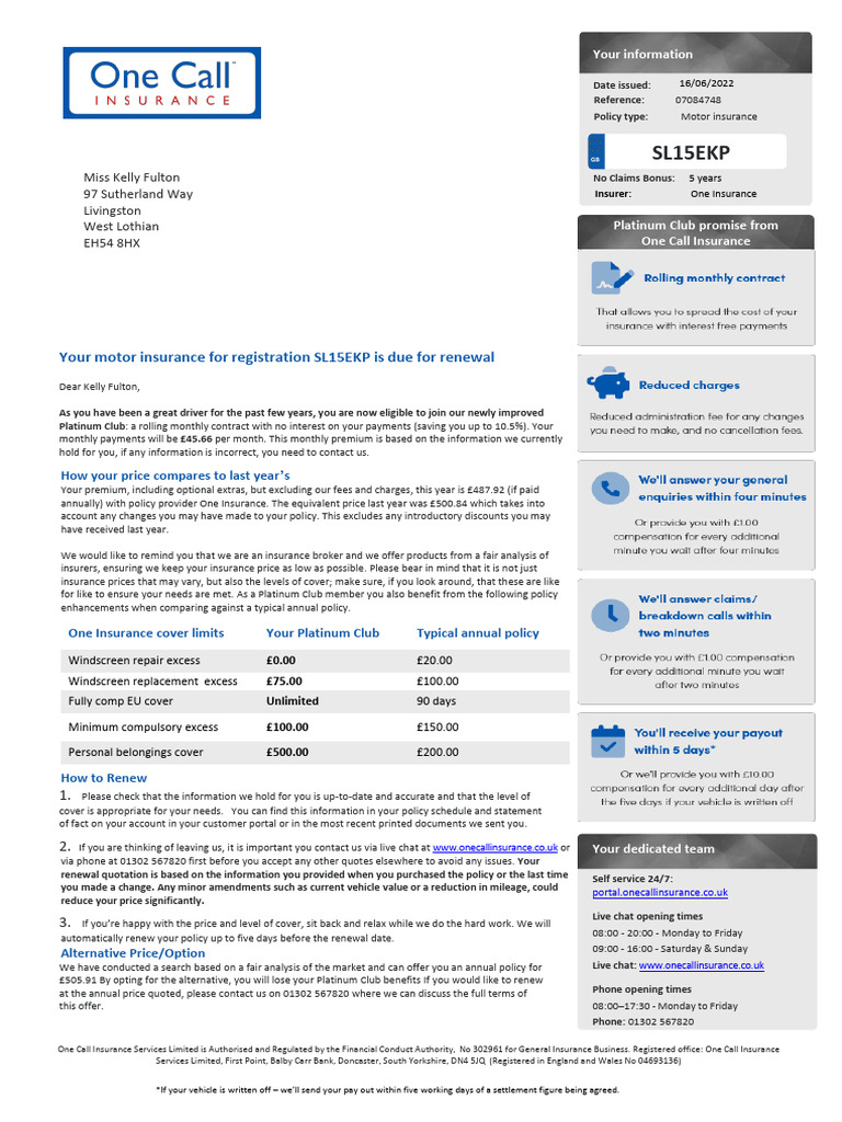 One Call Insurance Renewal Details | PDF | Insurance | Vehicle Insurance